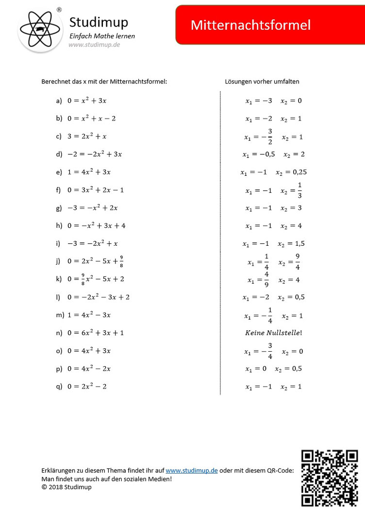 Aufgaben zur Mitternachtsformel - Studimup.de