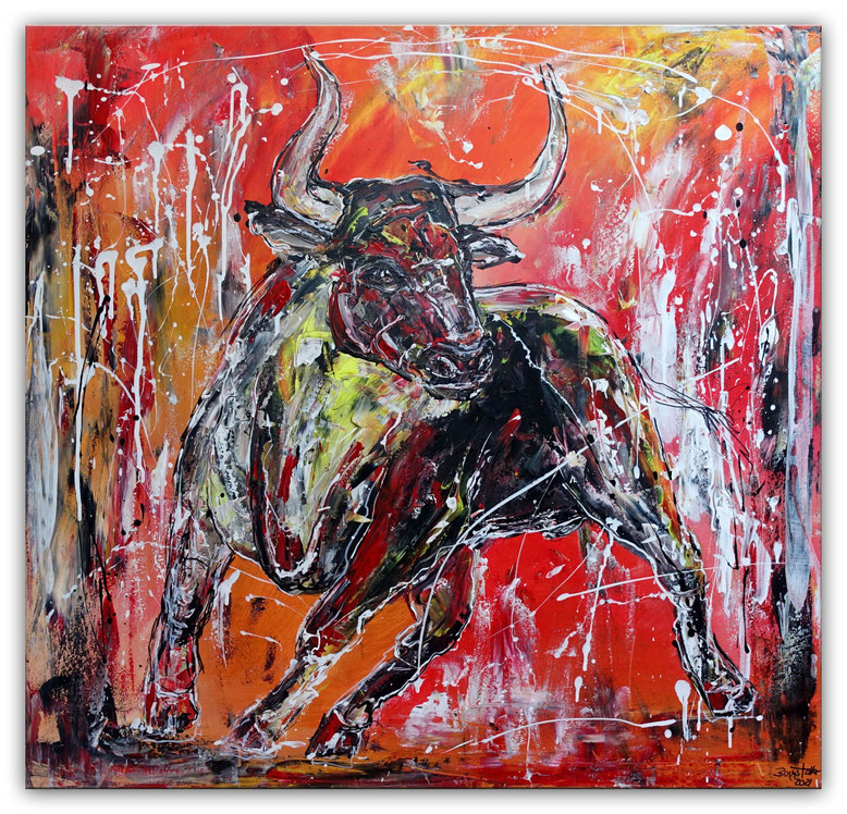 Wilder Stier Bulle abstrakt rot gelb Malerei Gemälde - Burgstaller