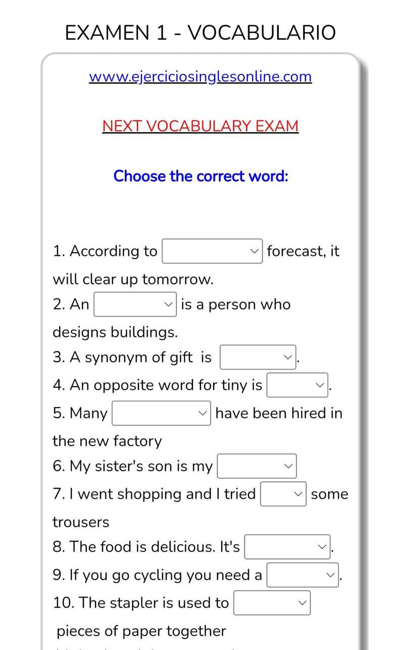 Exámenes vocabulario tipo test - Nivel B1 - Ejercicios inglés online