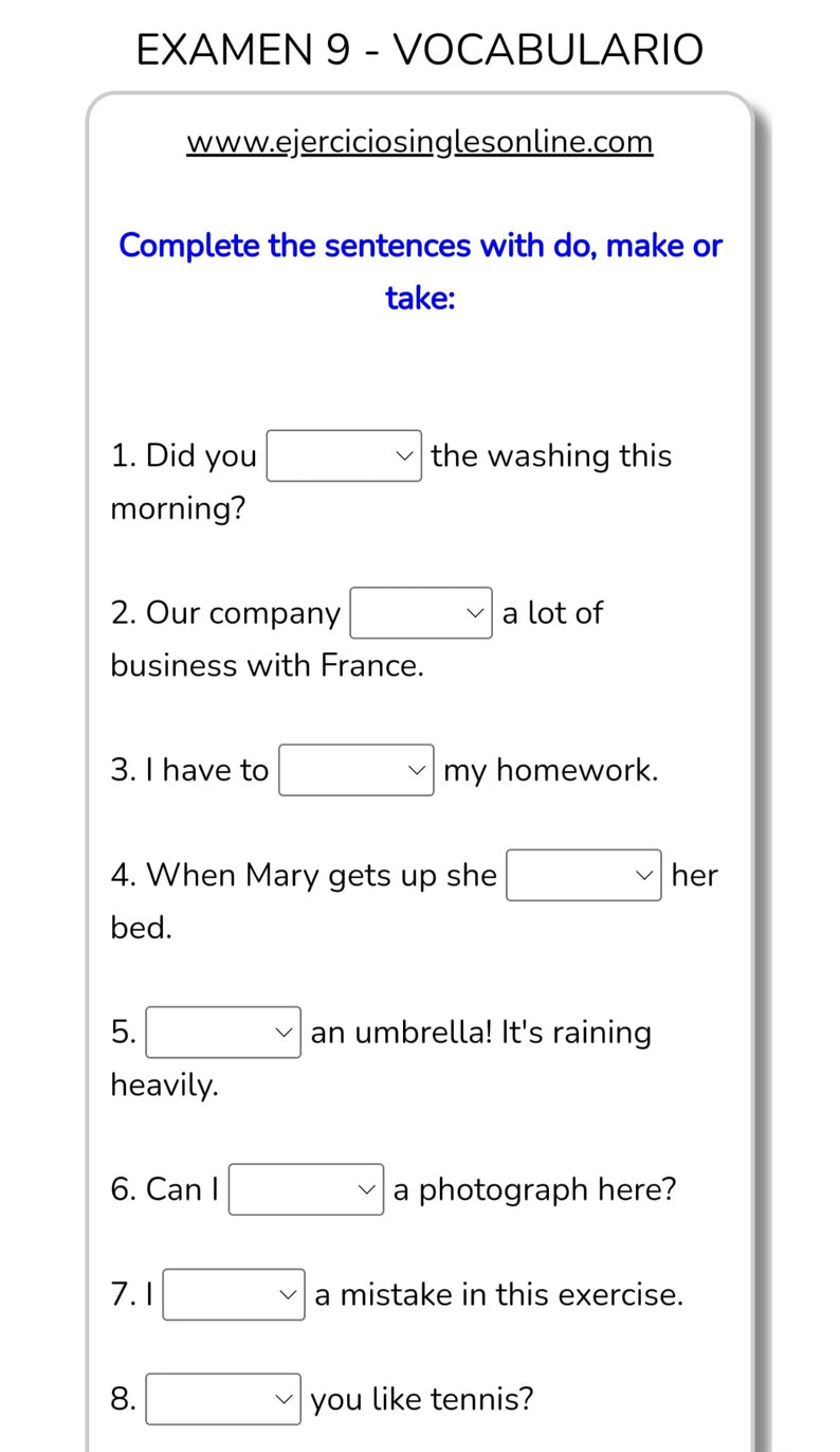 Exámenes vocabulario tipo test - Nivel B1 - Ejercicios inglés online