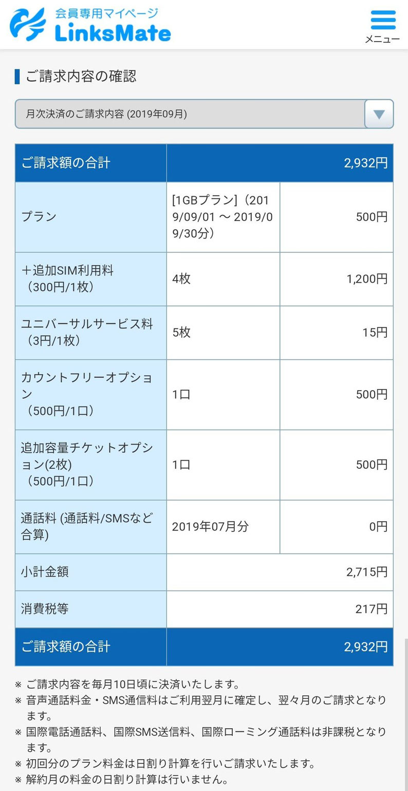 【令和元年9月の請求額】リンクスメイト（LinksMate） - 格安SIMリンクスメイト（LinksMate）の最新情報、キャンペーン等