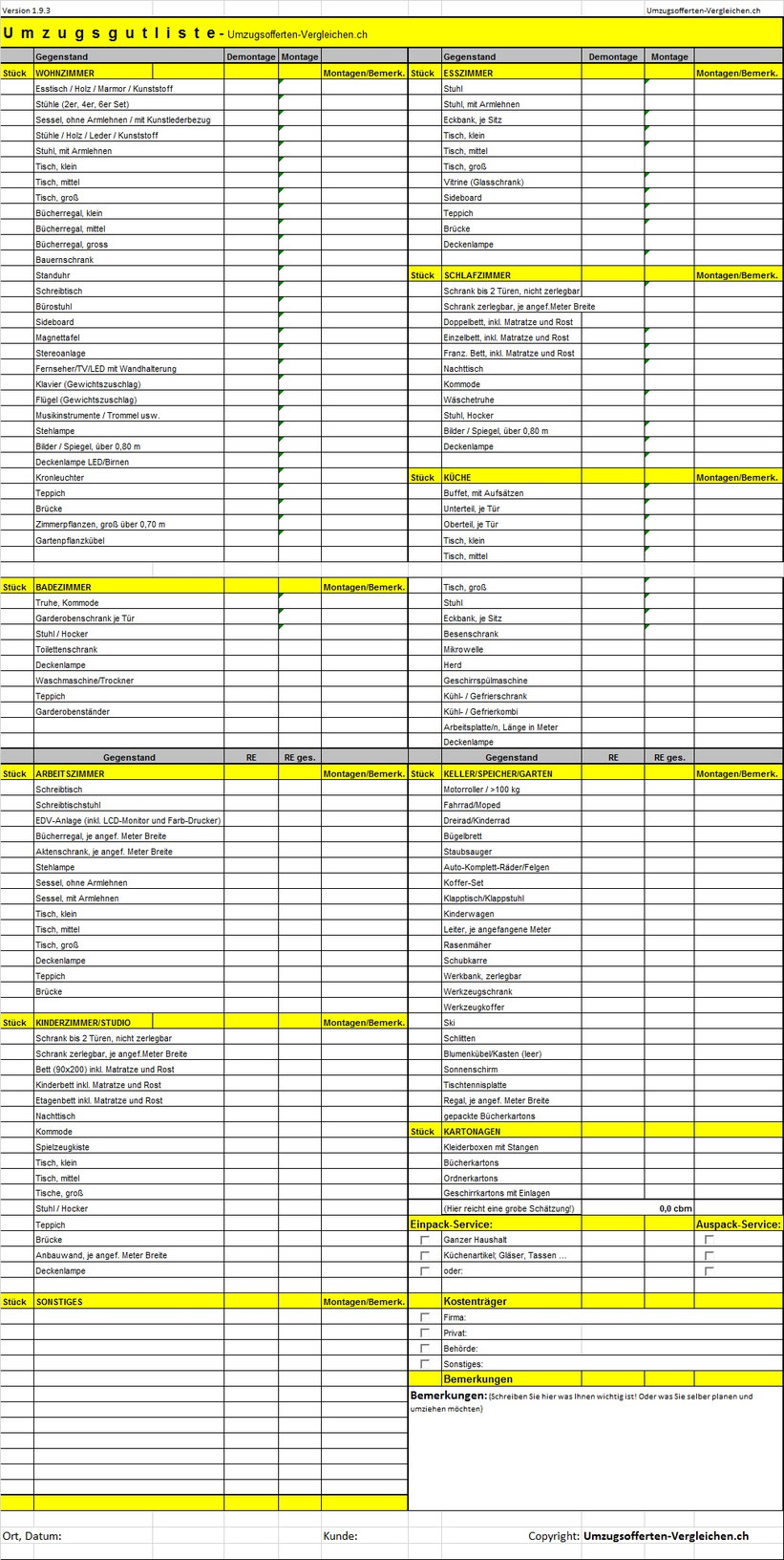 Umziehen einfach - Gratis: Vordrucke, Kostenlose Umzugsgutliste zum ...
