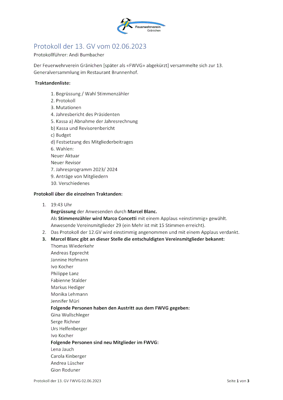 Feuerwehr Gränichen, Feuerwehrverein, Protokoll 13. GV, FWVG, 09.06.2023 - Herzlich willkommen ...