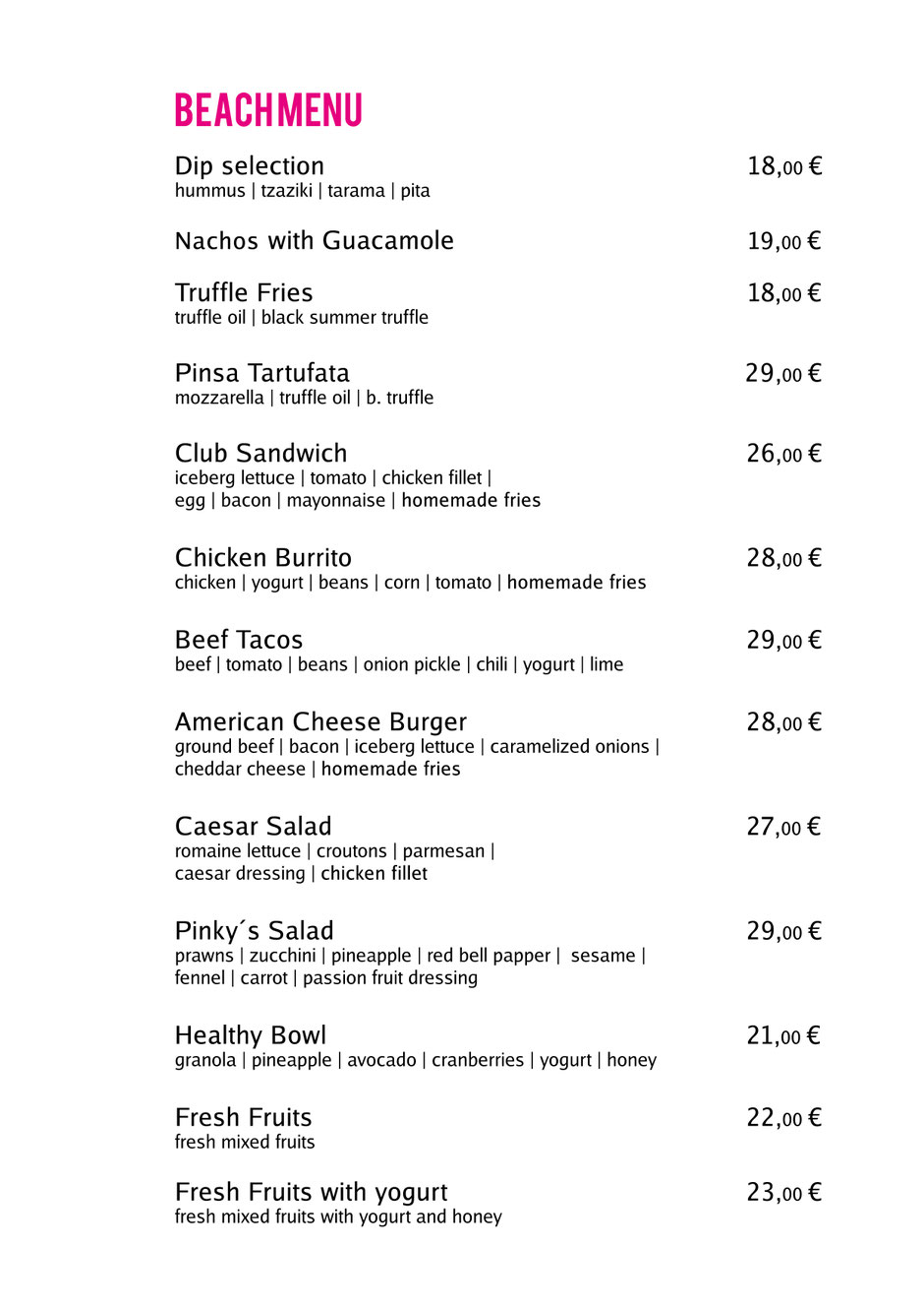 beach menu - Pinky Beach Mykonos