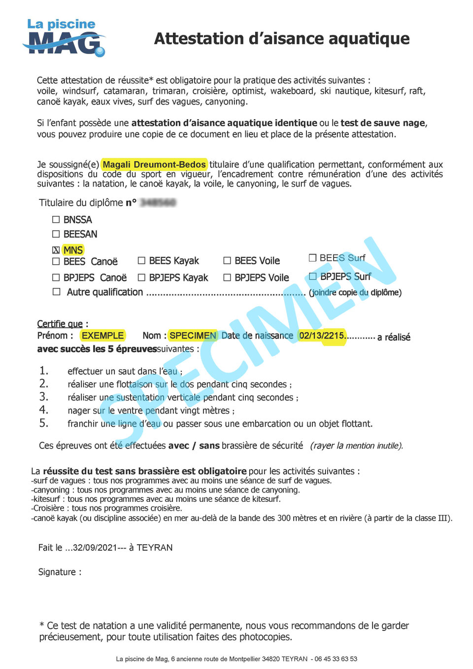 Test d'aisance aquatique - La piscine de Mag à Teyran