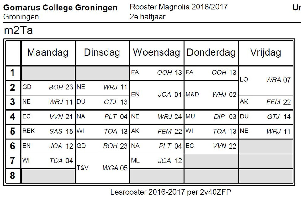 Rooster en lestijden - Klas 2Ta - de leukste klas van de Magnolia!