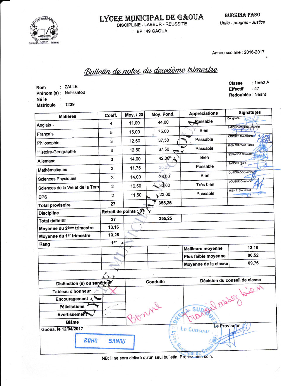BULLETIN SCOLAIRE DU DEUXIEME TRIMESTRE DE NAFI EN PREMIERE - Dunes ...