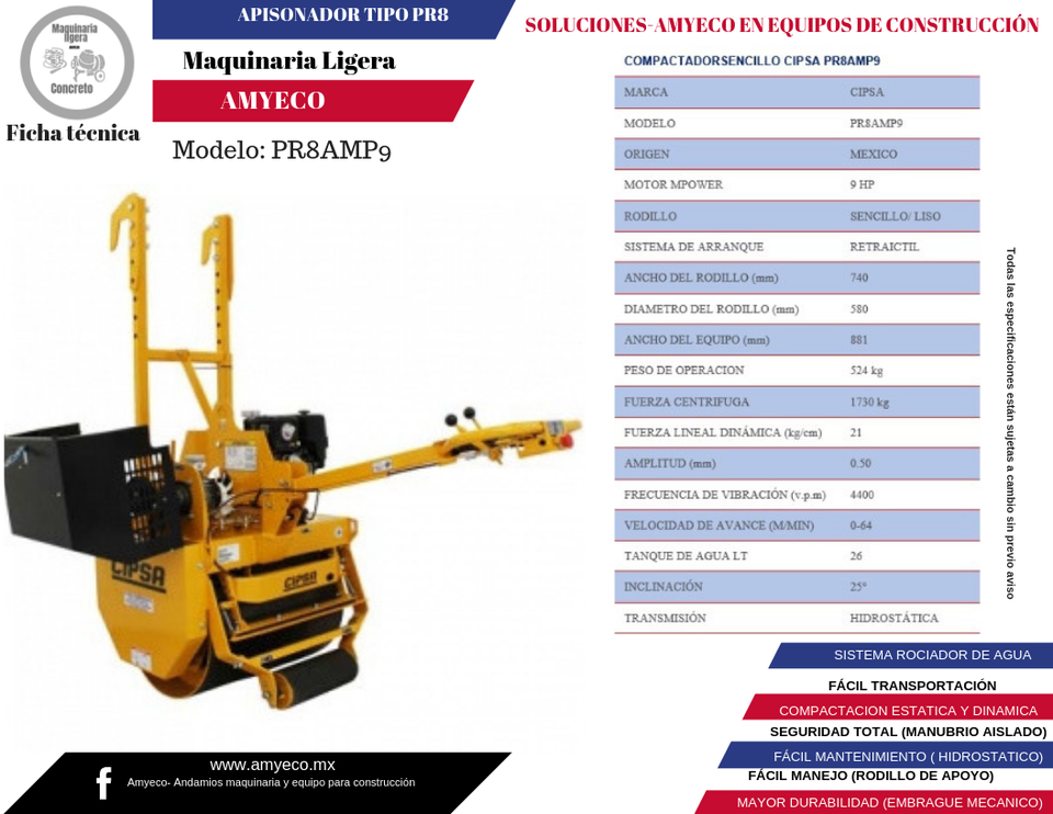 Compactador de rodillo CIPSA- PR8 sencillo de 74 cm peso 524 kg ...