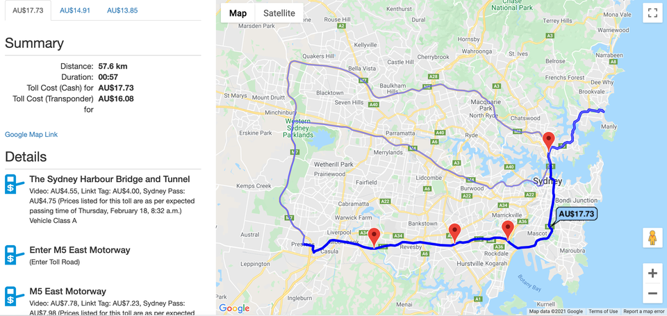 Free Australia Toll Calculator - Tollsmart