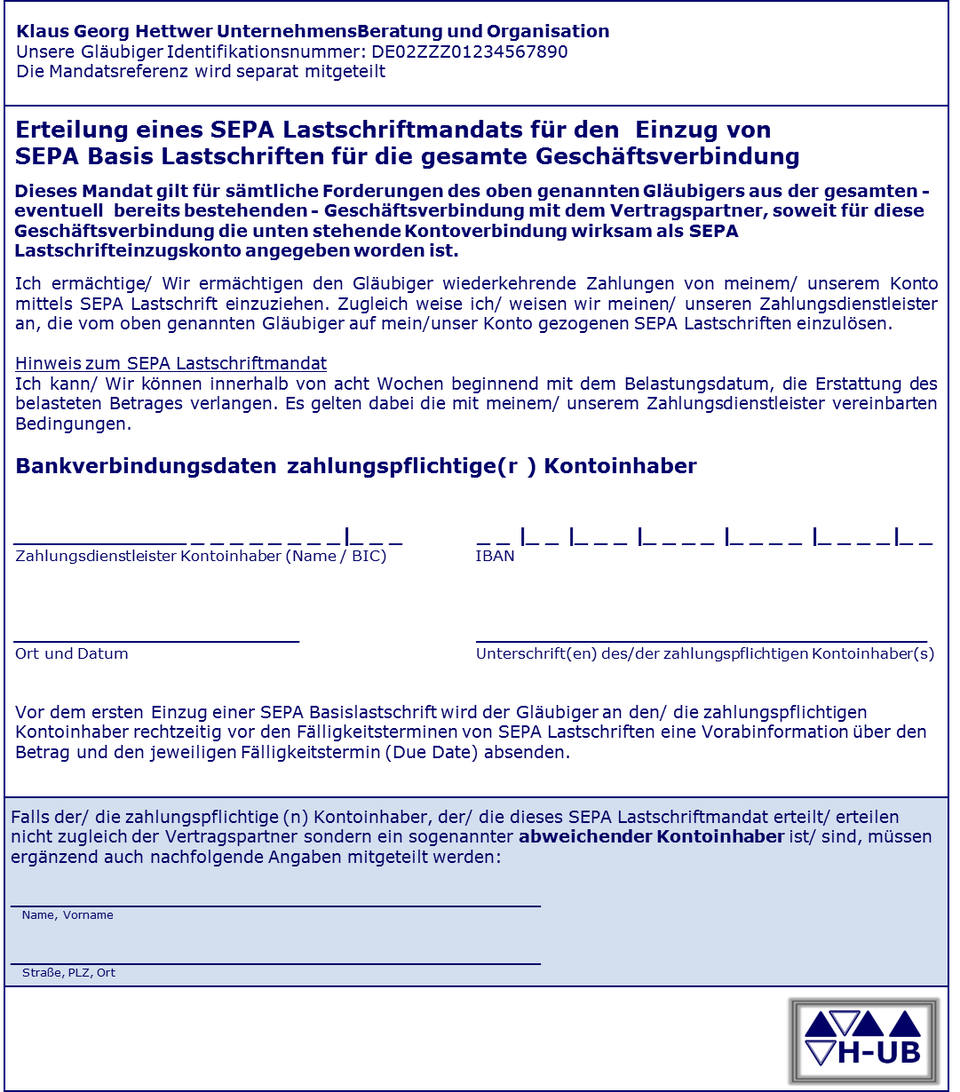 SEPA Mandatsvertrag – SEPA Mandat Vorlage Angaben Formular - Hettwer UnternehmensBeratung GmbH