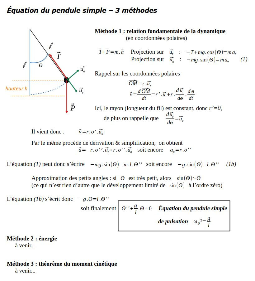Équation du pendule simple – 3 méthodes -1/ - isamath Cours de maths par Isabelle Saillot, Paris