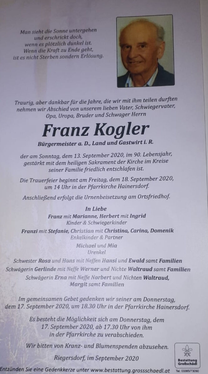 Wir trauern um unseren ELM Franz Kogler - Feuerwehr Hainersdorf
