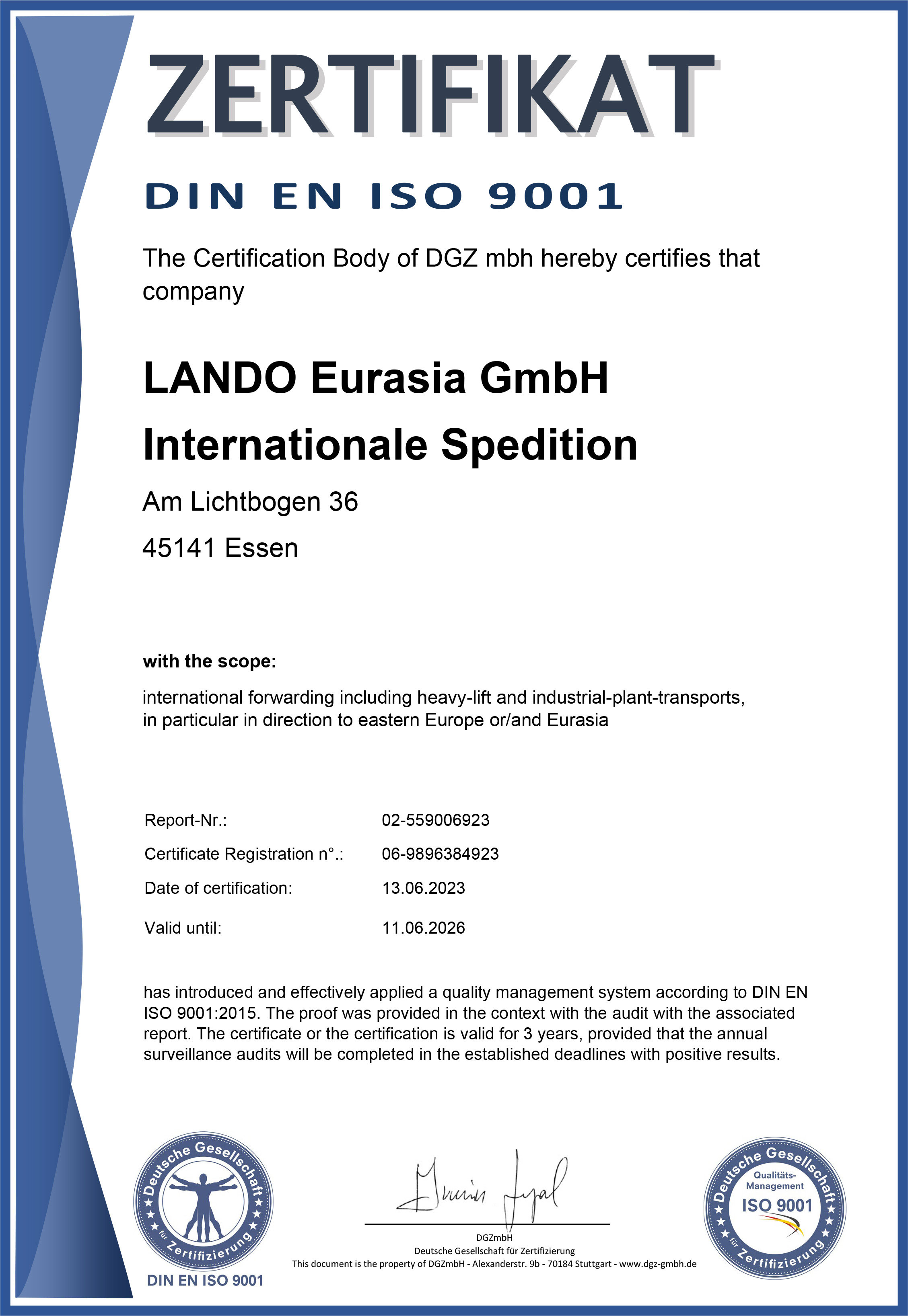 SQAS certificate - LANDO GmbH – Transports & Logistics
