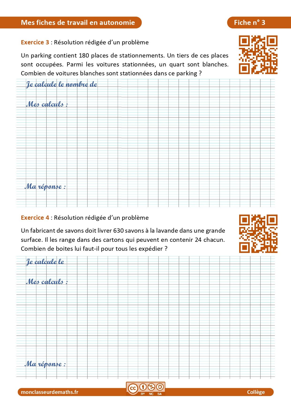 Fiches de travail en autonomie - Mon classeur de maths