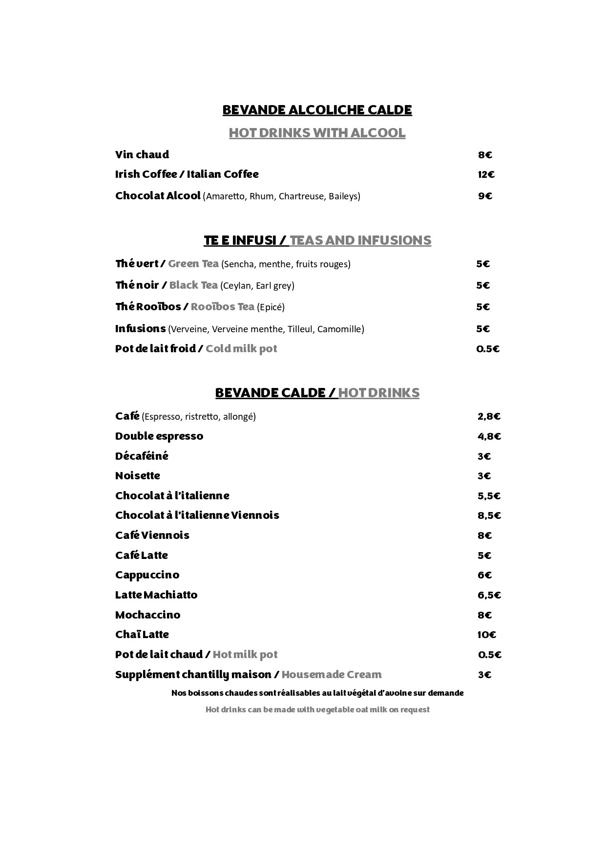 Menu carte vin et boissons - Julietta, restaurant italien à Tignes le Lac