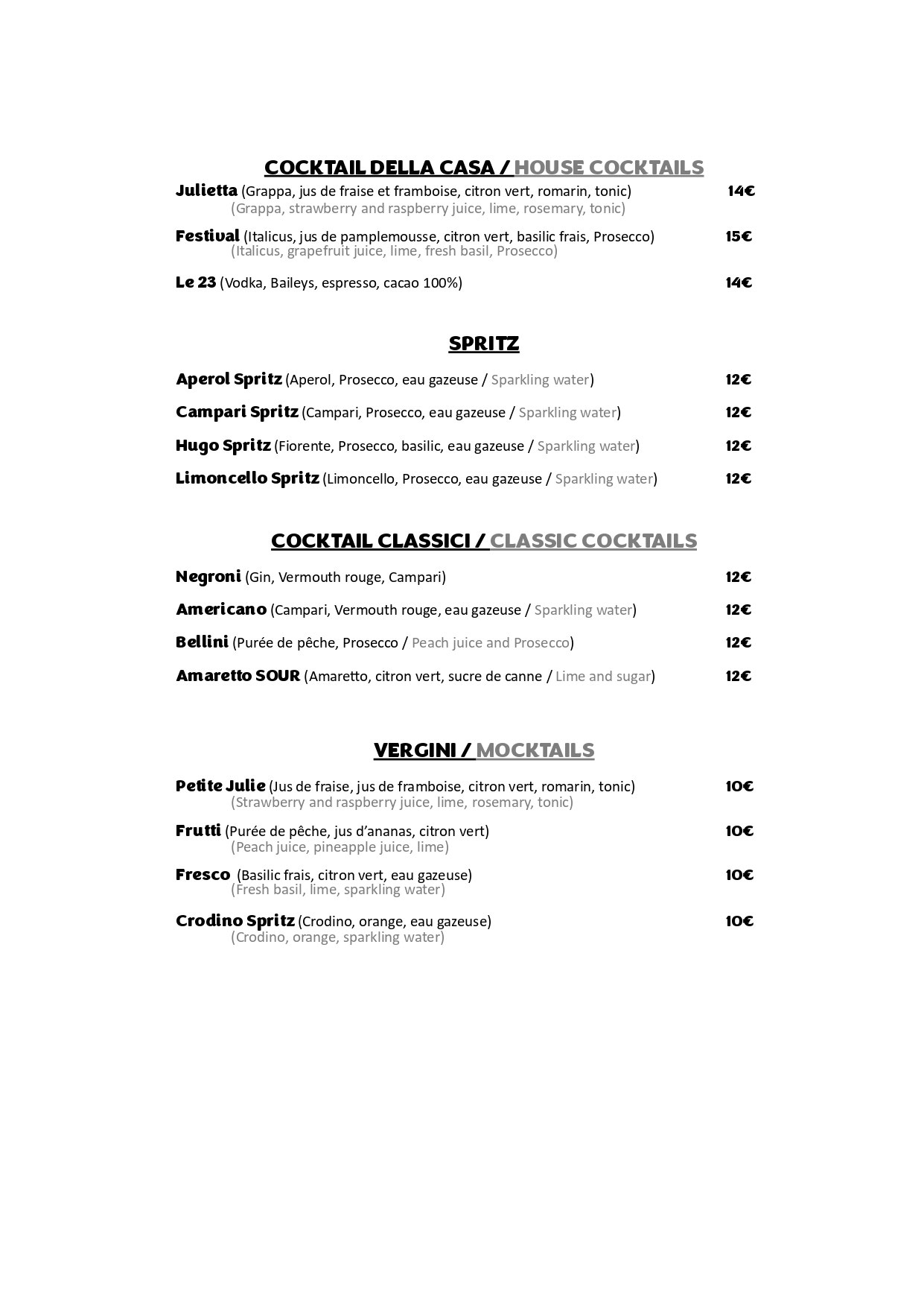 Menu carte vin et boissons - Julietta, restaurant italien à Tignes le Lac