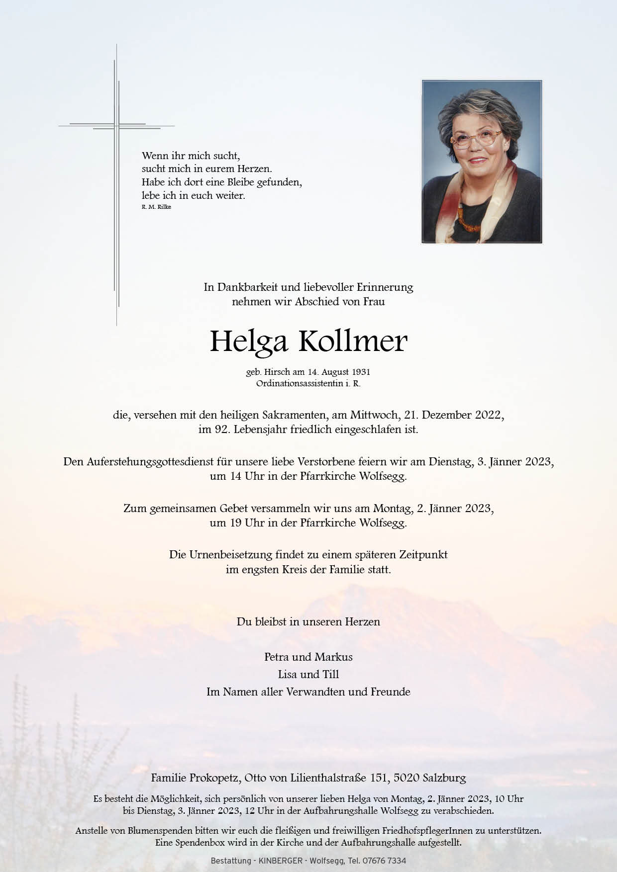 22.12.21 Helga Kollmer - Kinberger Bestattung Wolfsegg a.H.