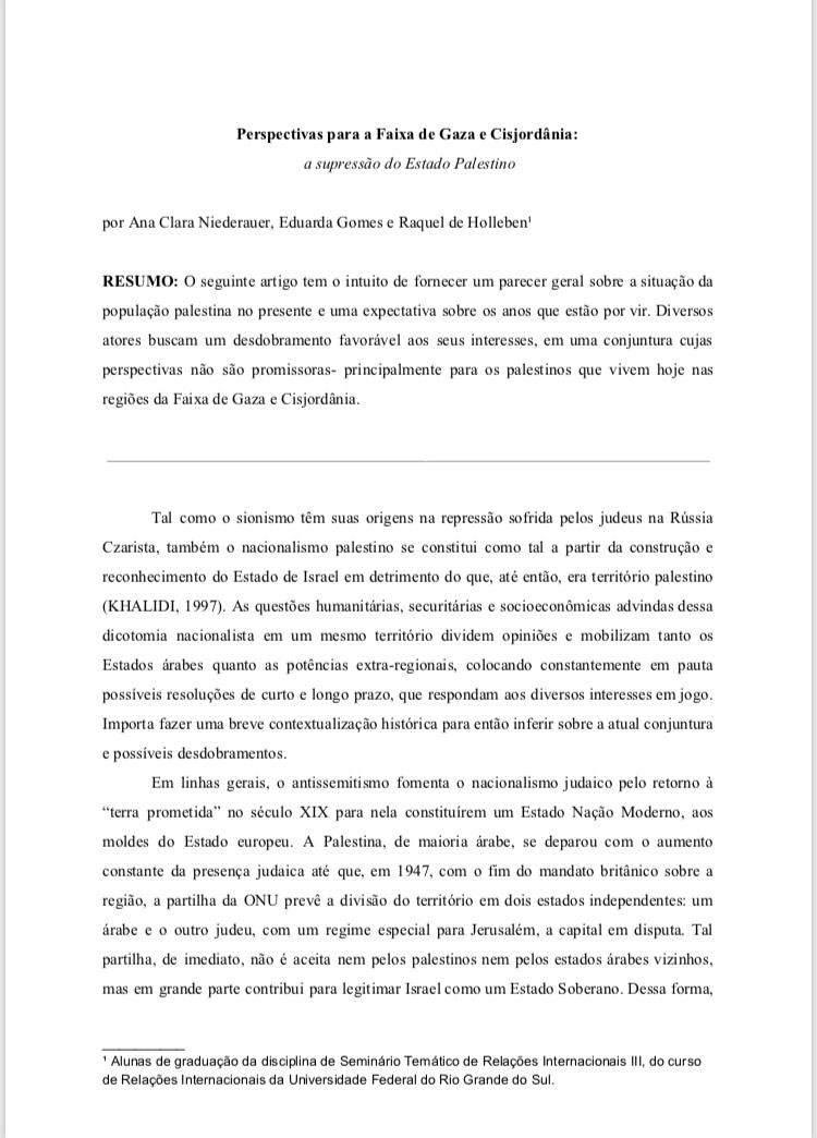 Artigo ''Perspectivas para a Faixa de Gaza e Cisjordânia'', por Ana Clara N., Eduarda G. e ...