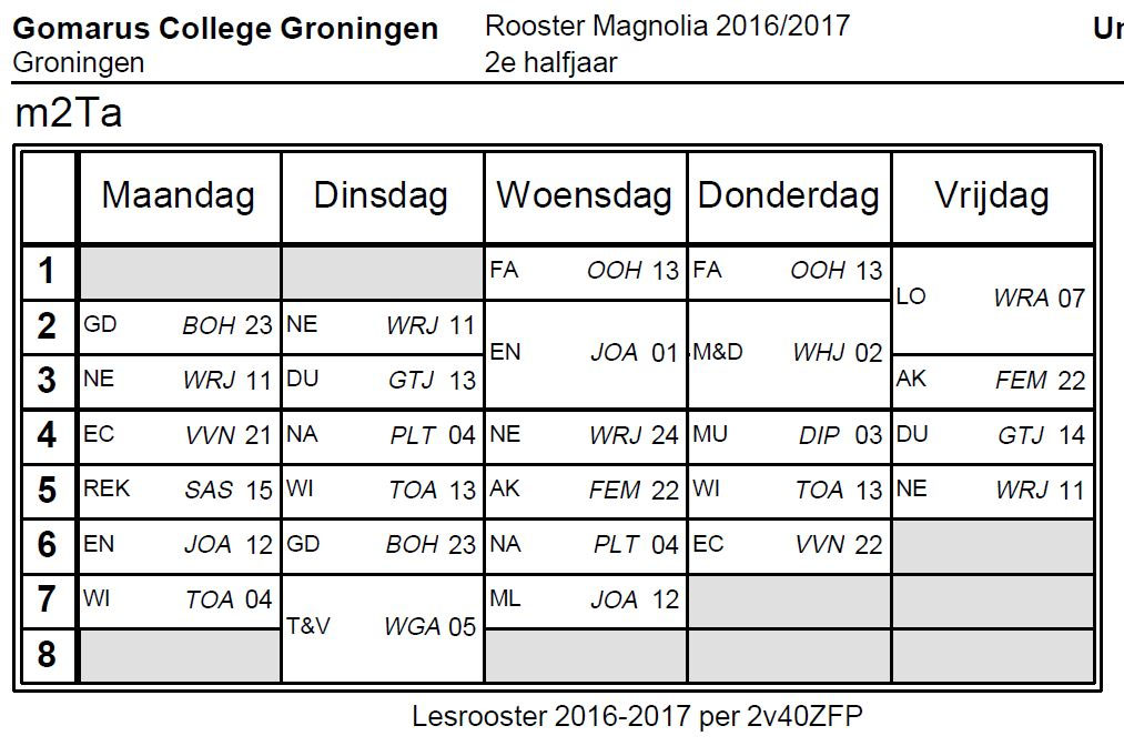 Rooster en lestijden - Klas 2Ta - de leukste klas van de Magnolia!