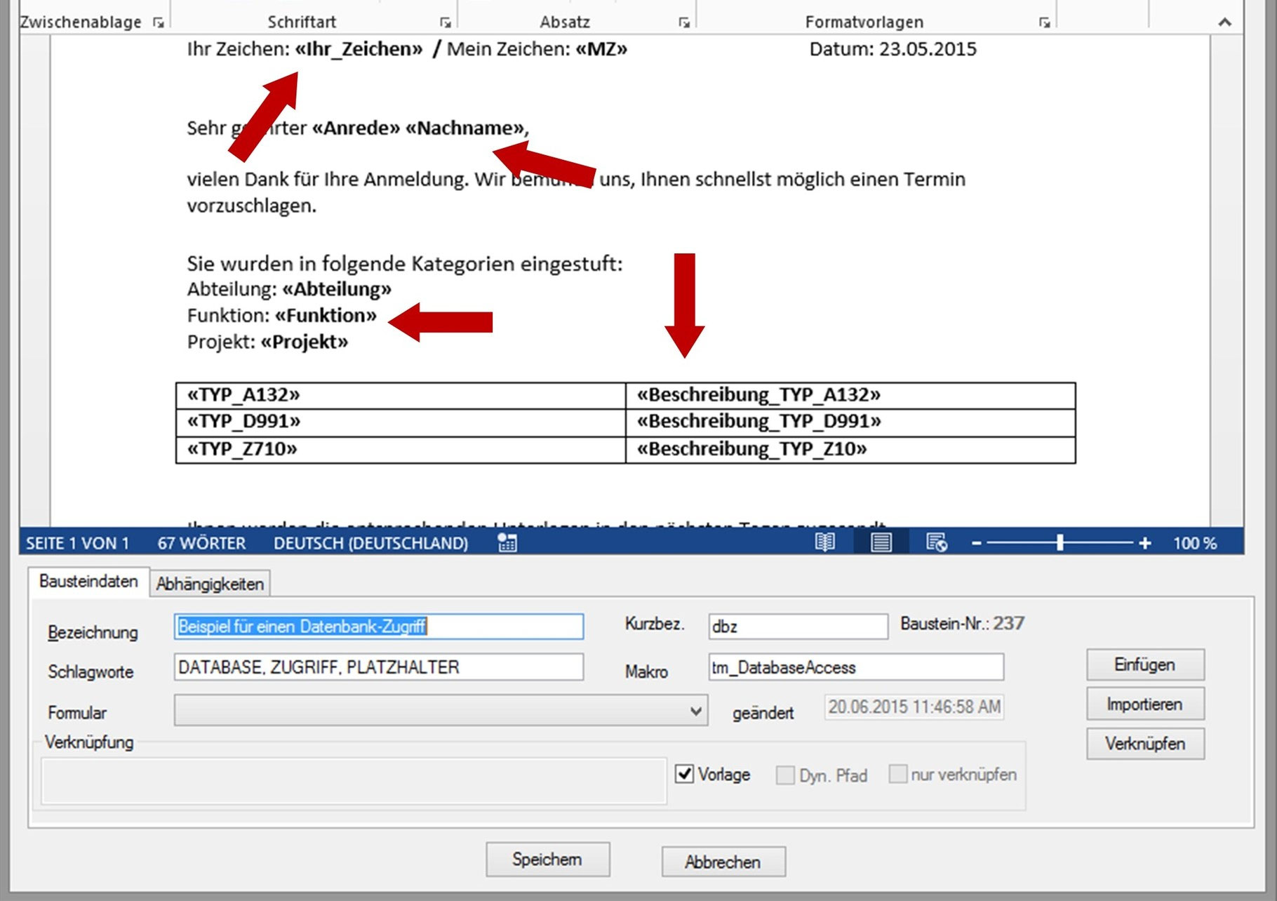 Datenübergabe mit Platzhaltern - texManager