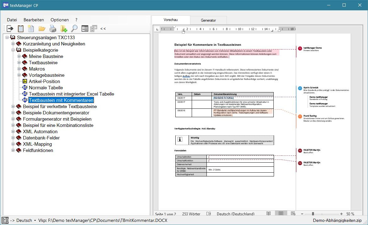 Textbausteine mit Kommentaren - texManager
