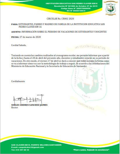 COMUNICADO OFICIAL - COLEGIO SAN PEDRO CLAVER KM 16