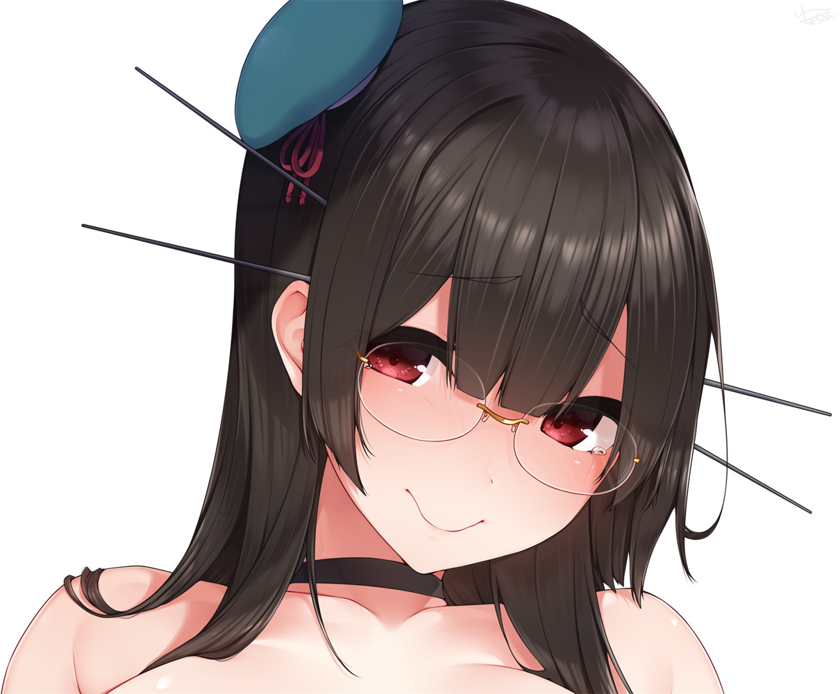 Safebooru - 1girl bangs bare shoulders black choker black hair black neckwear blue hat blunt ...