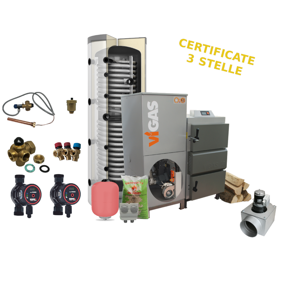 Kit caldaia a legna Vigas 18 DPA Puffer Galmet Multi-Inox 450 litri e ...