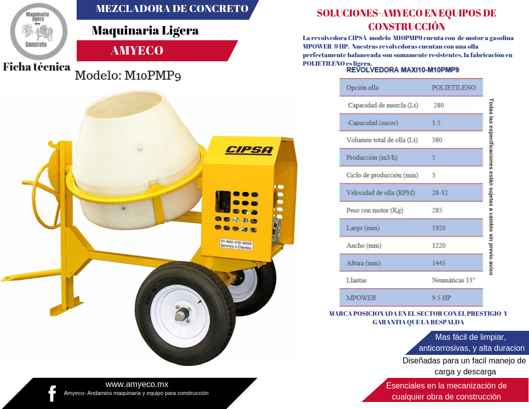 Revolvedora CIPSA Maxi 10 DE 1 1/2 Saco Con Motor MPOWER DE 9 HP ...