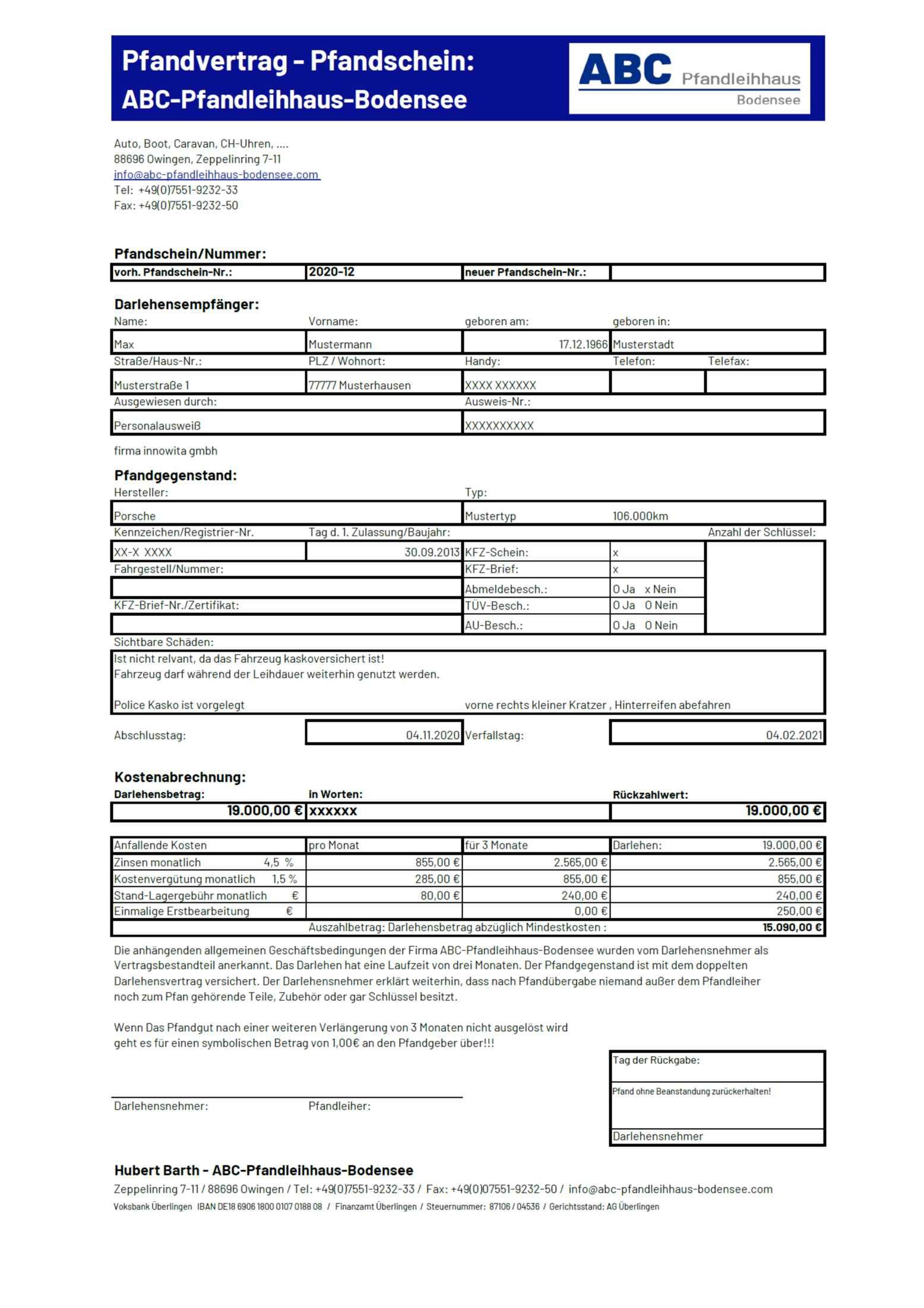 MUSTER-PFANDLEIHSCHEIN - ABC Pfandleihhaus Bodensee