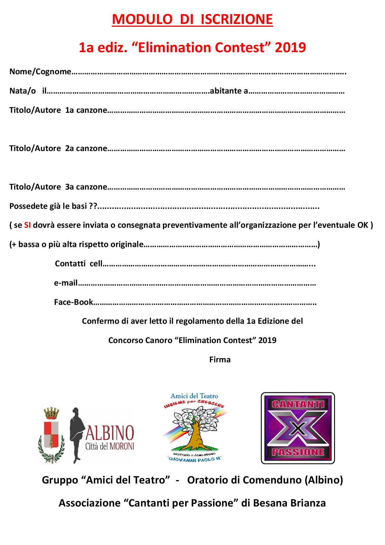 ELIMINATION CONTEST 2019 - 1ª EDIZIONE - Oratorio di Comenduno