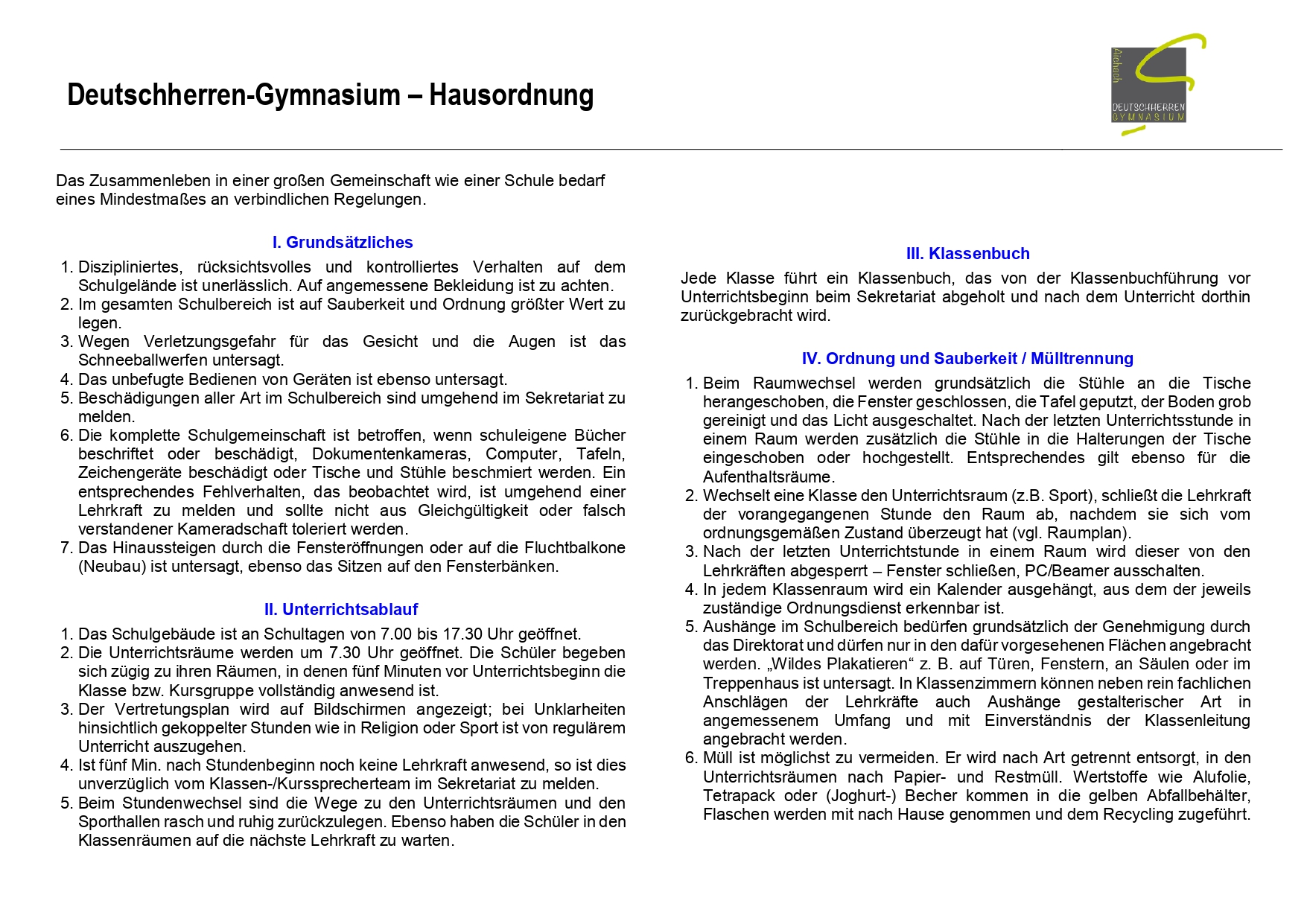 Hausordnung - DHG - Deutschherren-Gymnasium Aichach