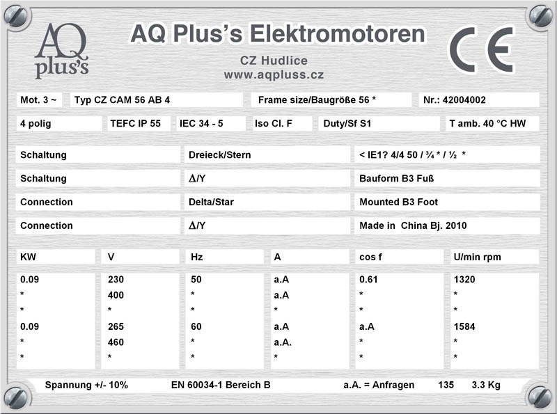 Elektromotor Typenschilder 4 pol - Elektromotor von AQ Pluss Motoren