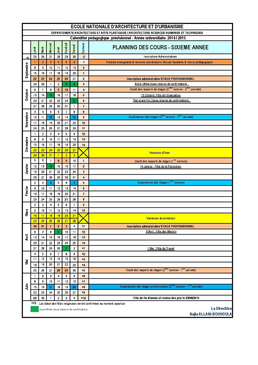 CALENDRIER PEDAGOGIQUE 2014 - 2015 - Site officiel (provisoire) de l'ENAU