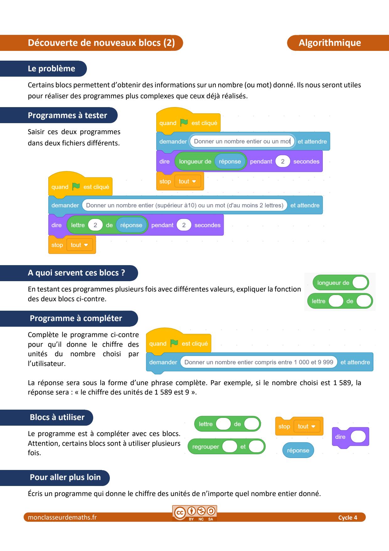 Activités d'algorithmique au cycle 4 - Mon classeur de maths