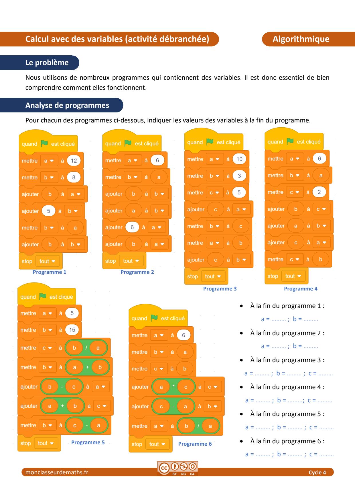 Activités d'algorithmique au cycle 4 - Mon classeur de maths