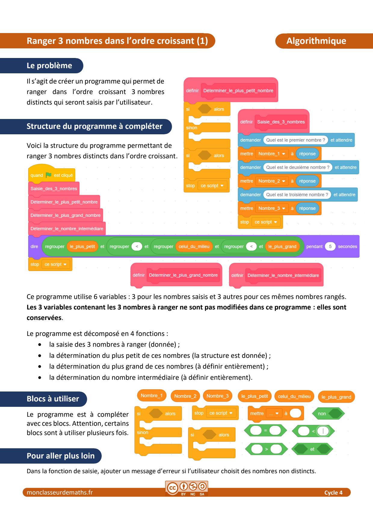 Activités d'algorithmique au cycle 4 - Mon classeur de maths