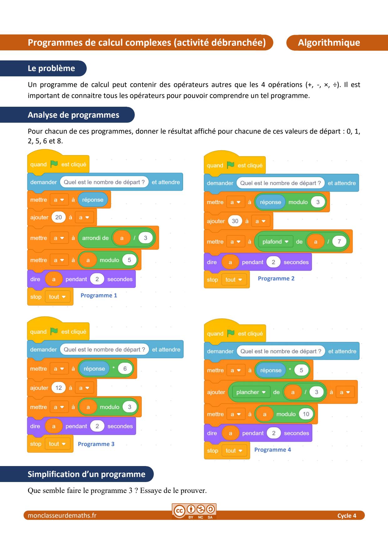 Activités d'algorithmique au cycle 4 - Mon classeur de maths