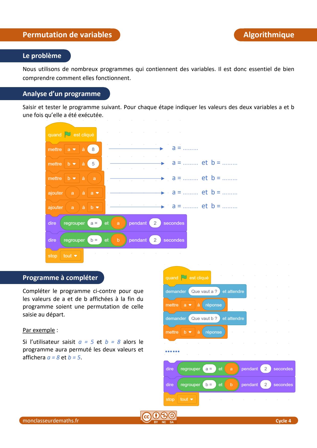 Activités d'algorithmique au cycle 4 - Mon classeur de maths