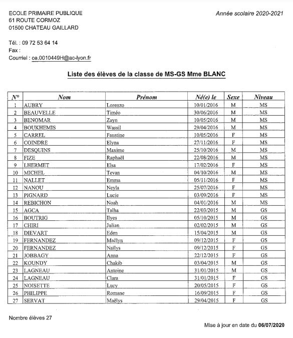 Listes des classes 2020-2021 - Site de l'école de Château-Gaillard 01 ...