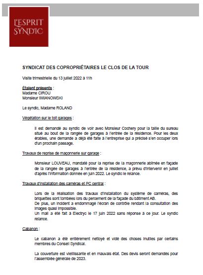 Notes Syndic - Résidence le Clos de la Tour - Verneuil sur Avre