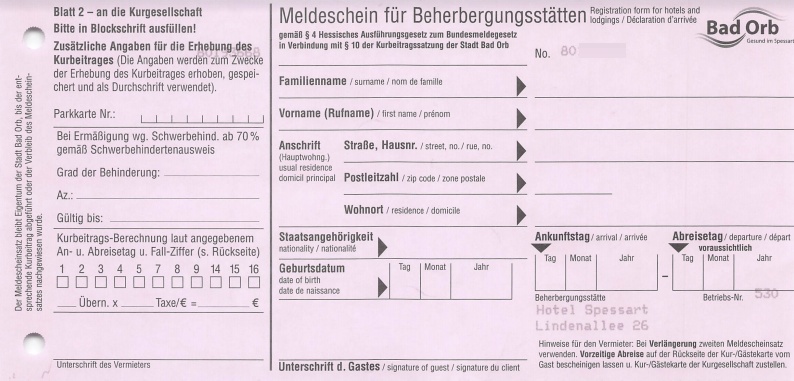 Meldeschein & Kurbeitrag - Zimmerbelegung Hotel Spessart Bad Orb