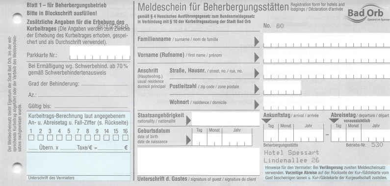 Meldeschein & Kurbeitrag - Zimmerbelegung Hotel Spessart Bad Orb