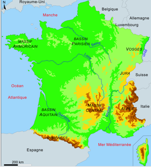Carte des repères physiques de la France - Site de christophe senecal Histoire Géo