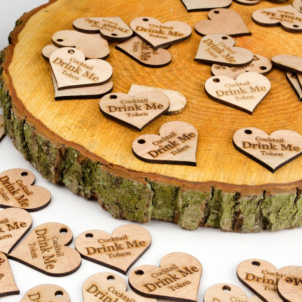 Personalised Wooden Hearts 4cm Drink Tokens. - rustic-charm