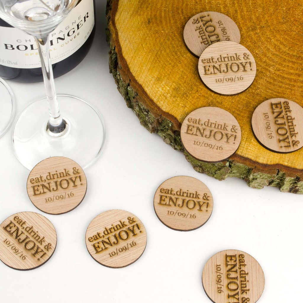 Personalised Rustic Wooden Drink Tokens - Round Chip/Disc - rustic-charm