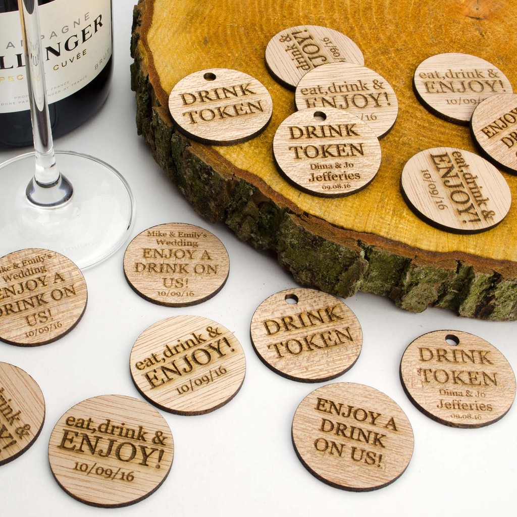 Personalised Rustic Wooden Drink Tokens - Round Chip/Disc - rustic-charm