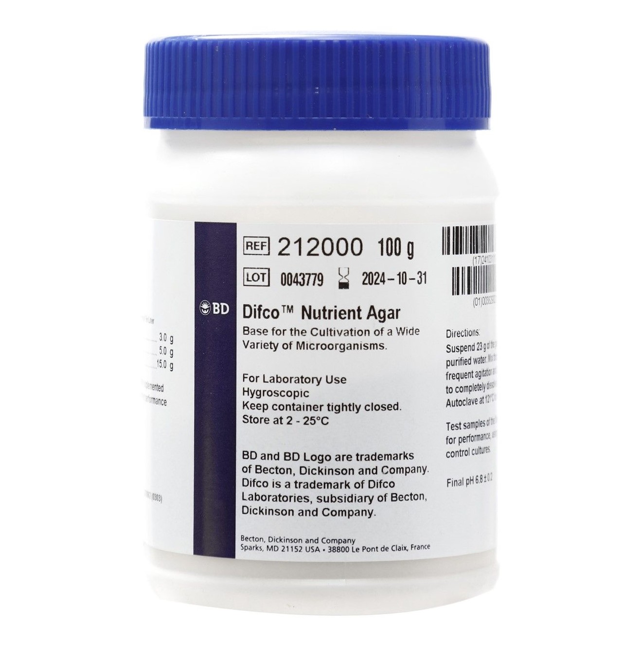 212000 BD Difco™ Agar Nutritivo, 100 g - PROQUISUR- Material de ...