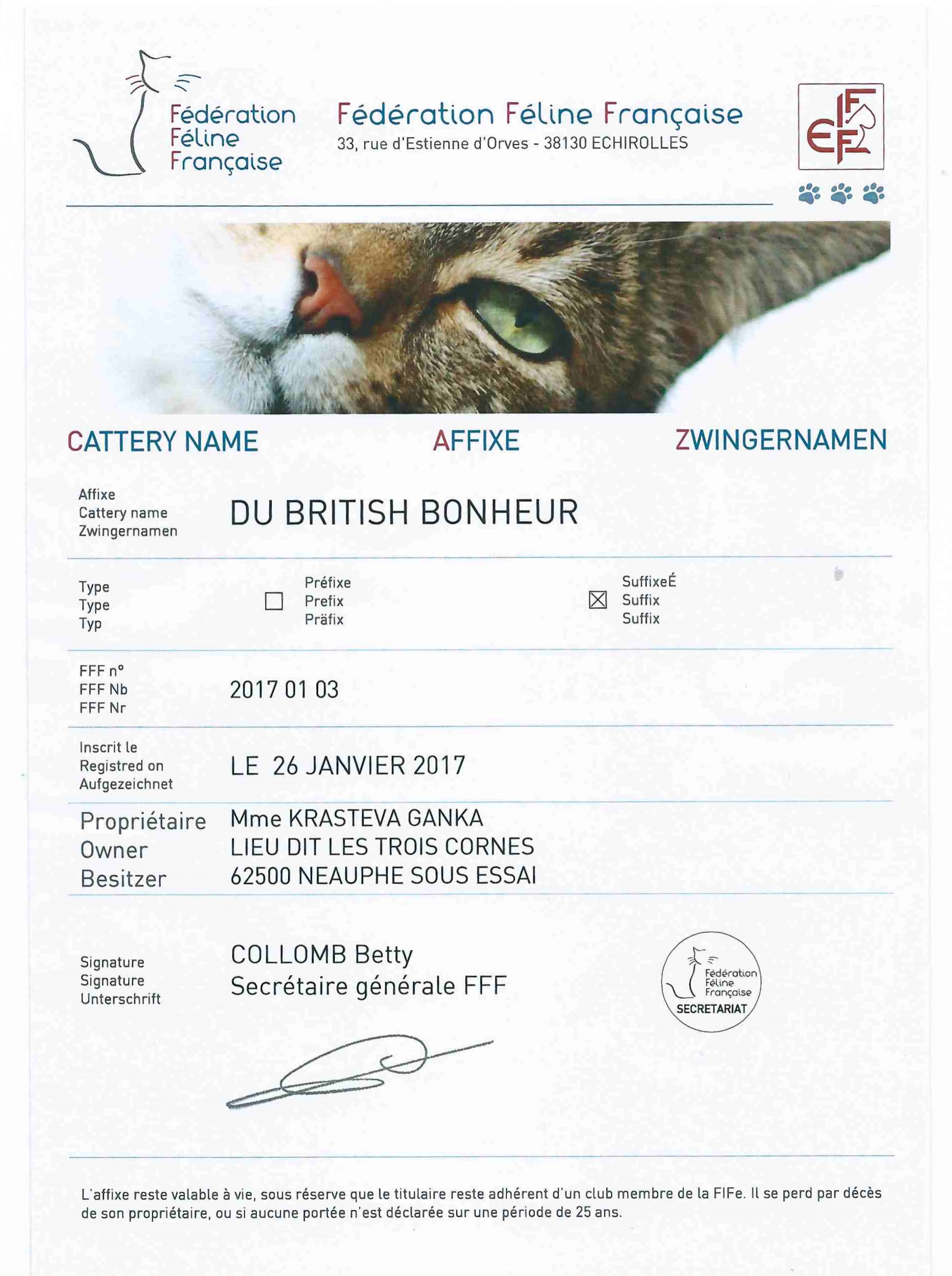 Enregistrement de l'affixe par le FFF - La Chatterie du British Bonheur