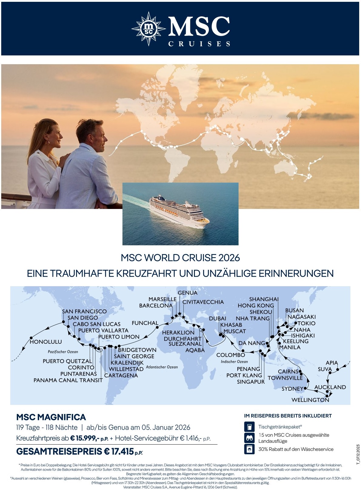 MSC Weltreise 2026 Balkonkabine p.P. ab 22.888,-€ 118 Nächte günstig buchen, MSC Magnifica ...